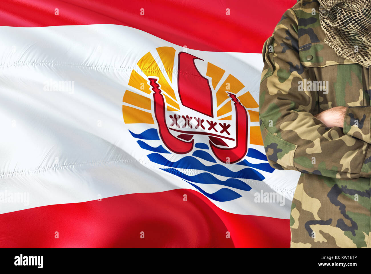 Crossed arms soldier with national waving flag on background - French ...