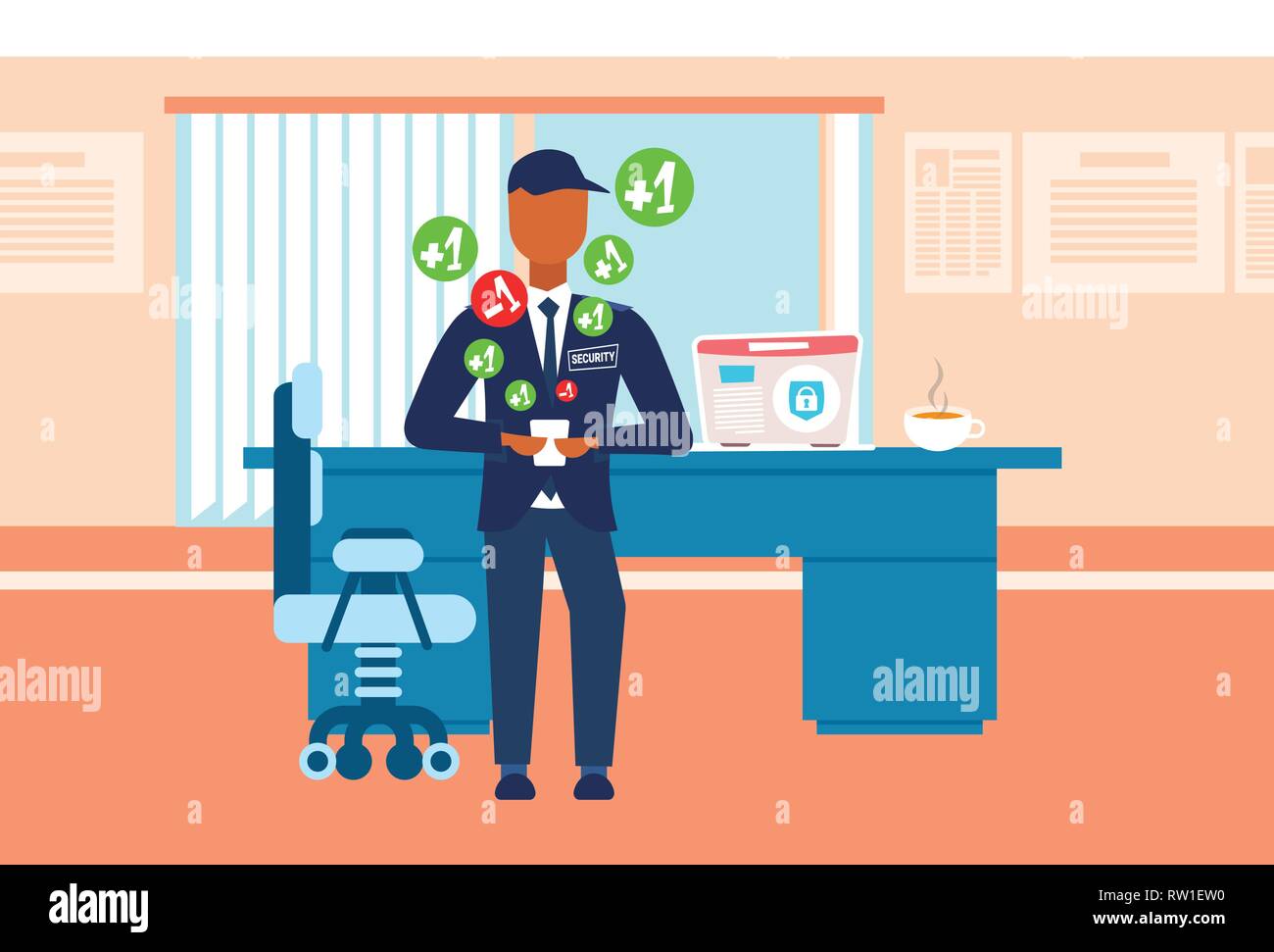 male security guard worker using mobile application social media ...