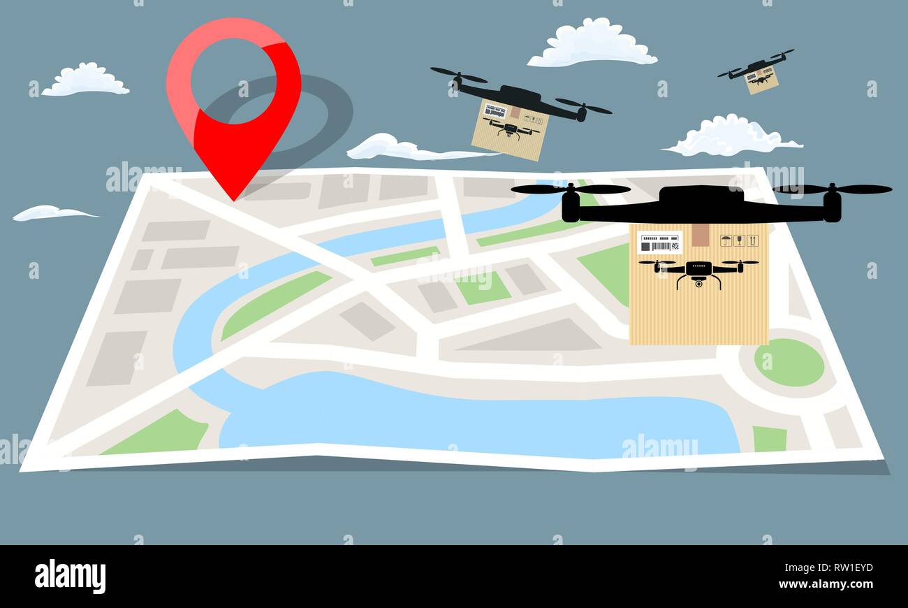 Drone delivery with the package box flying over folding map paper. Flat ...