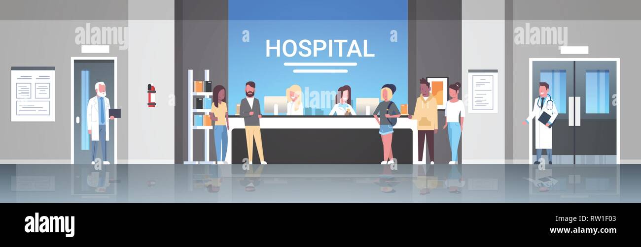mix race patients standing line queue at hospital reception desk ...