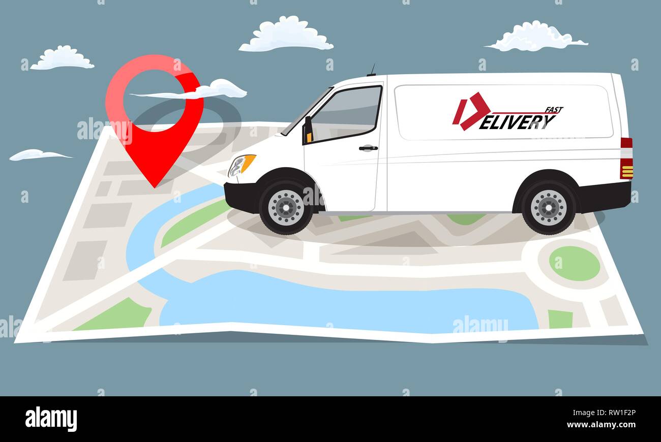 White van over folded flat map and red pin. Vector illustration Stock ...