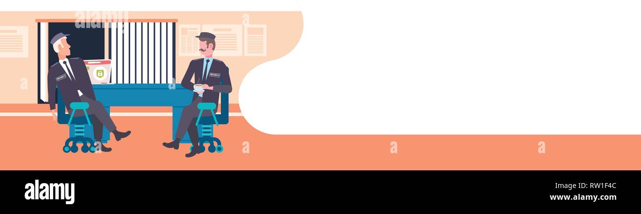 two male security guard workers discussing men in uniform sitting at ...