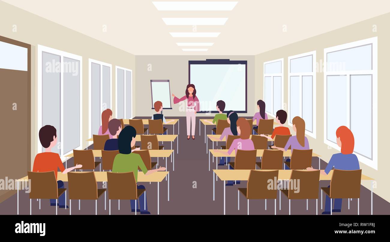 group of students listening female teacher training presentation modern meeting conference room ...
