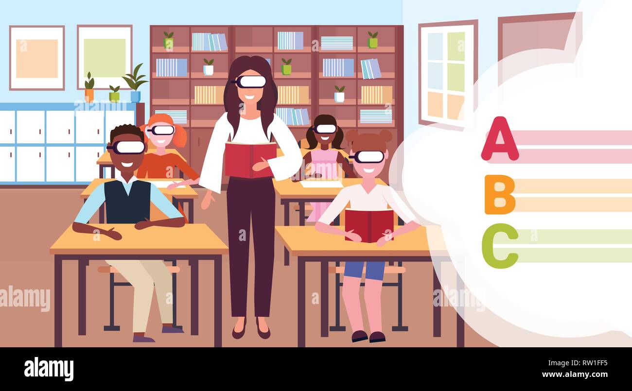 teacher with pupils reading book wearing digital glasses virtual ...
