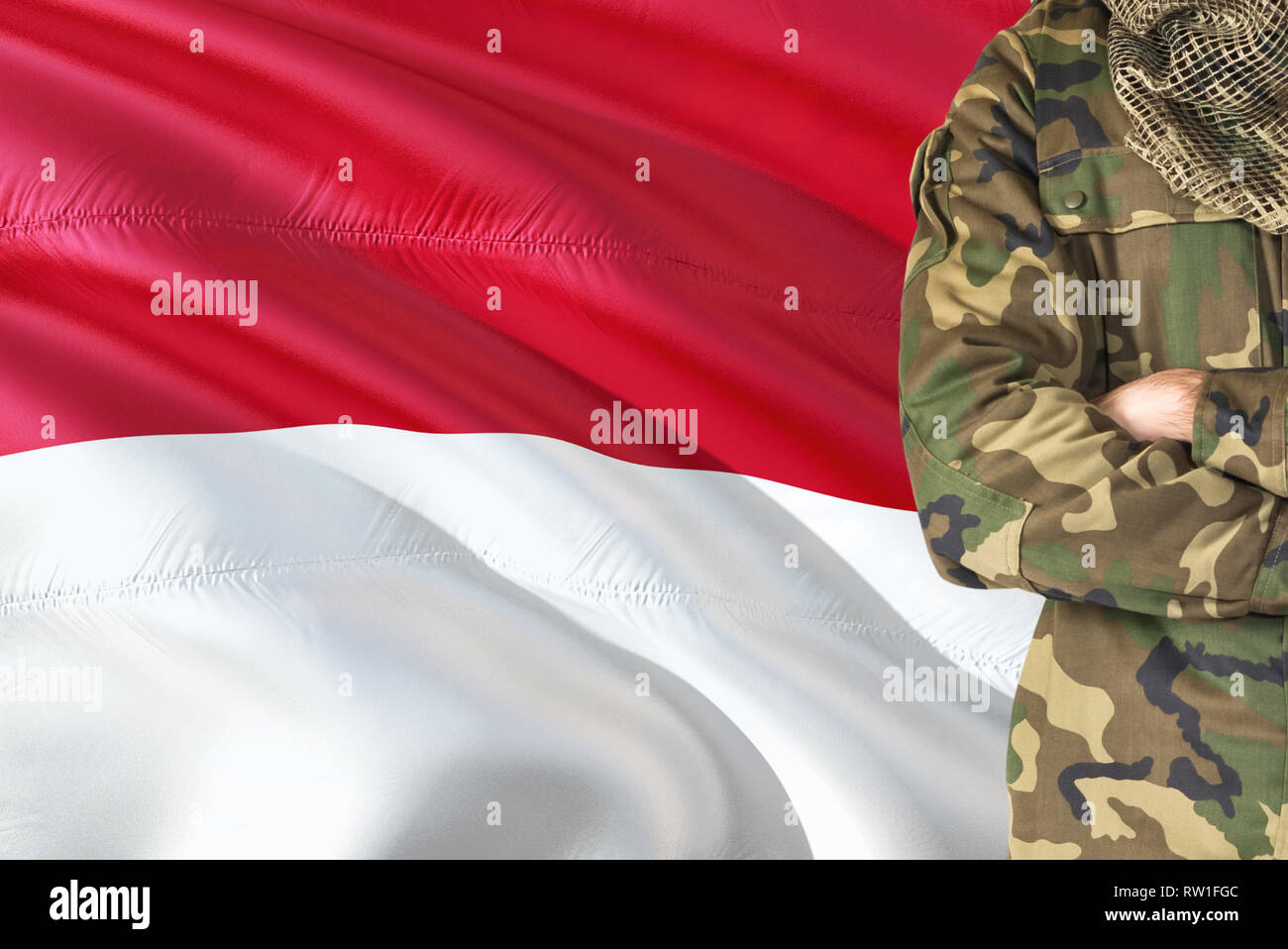 Crossed arms Monegasque soldier with national waving flag on background ...