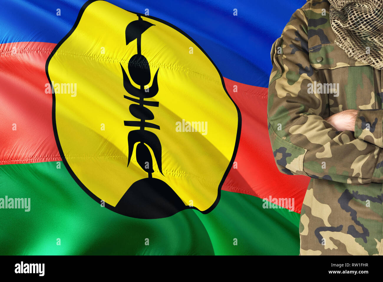 Crossed arms soldier with national waving flag on background - New ...