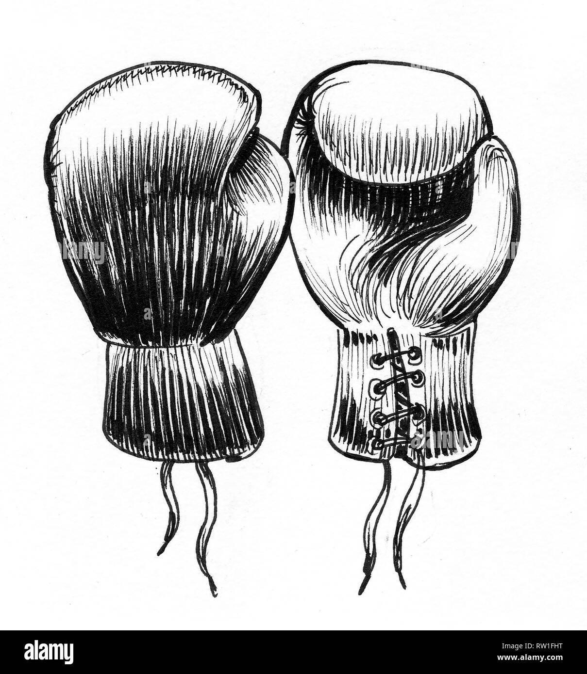 Boxing gloves. Ink black and white drawing Stock Photo - Alamy
