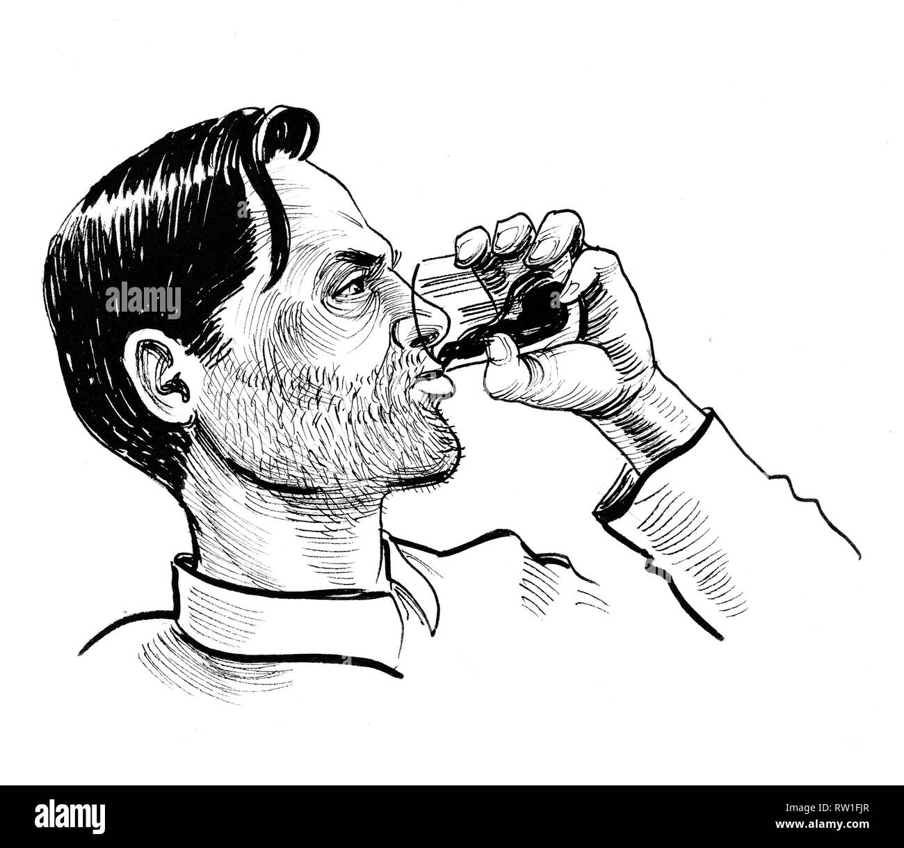 Alcoholic man drinking a glass of whiskey. Ink black and white drawing ...