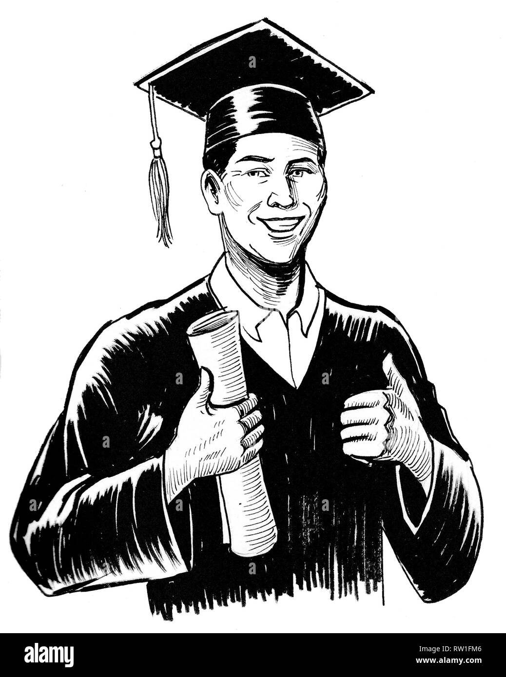 Happy graduate with a diploma. Ink black and white drawing Stock Photo ...