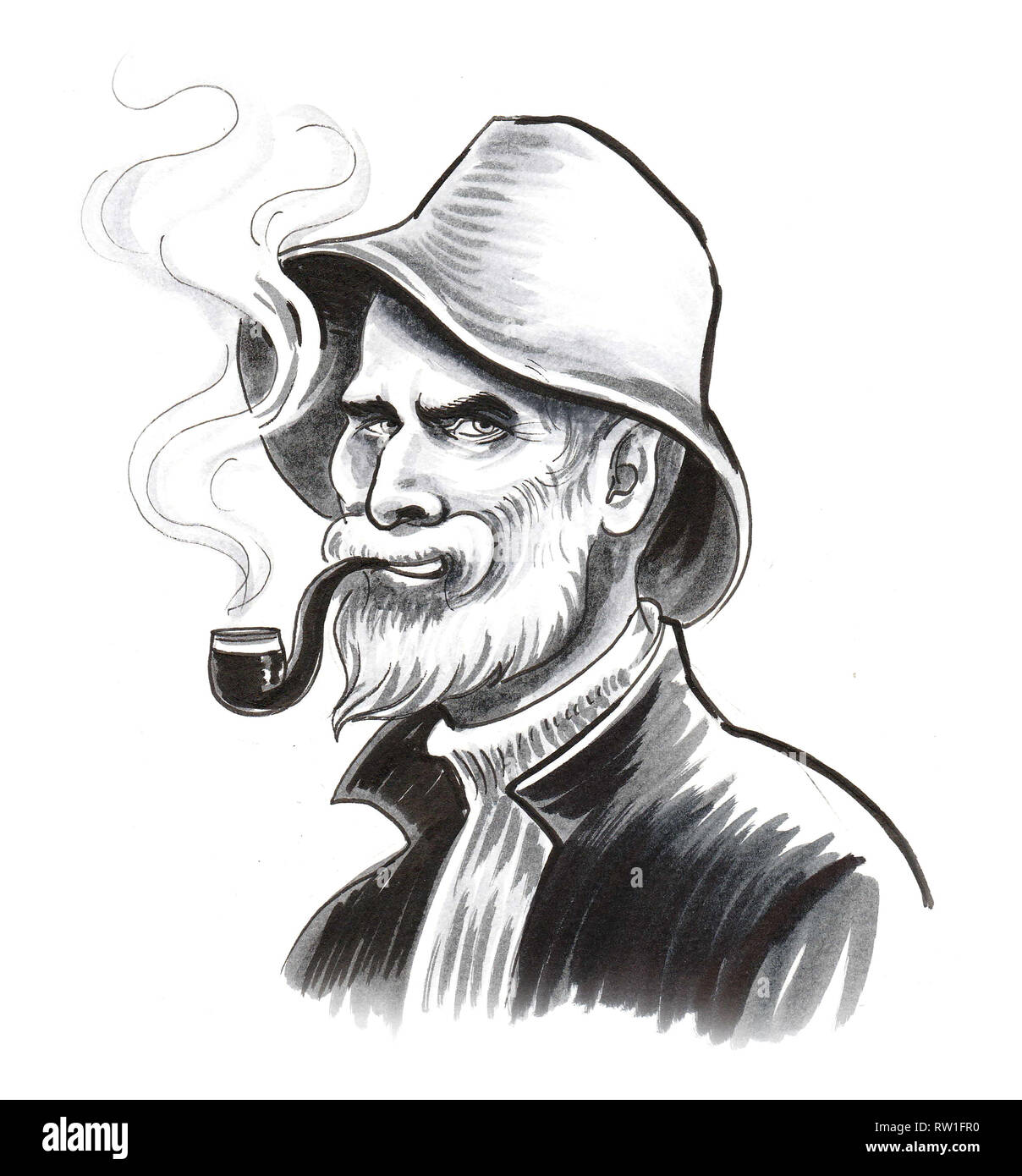 Old fisherman with a smoking pipe. Ink and watercolor illustration ...