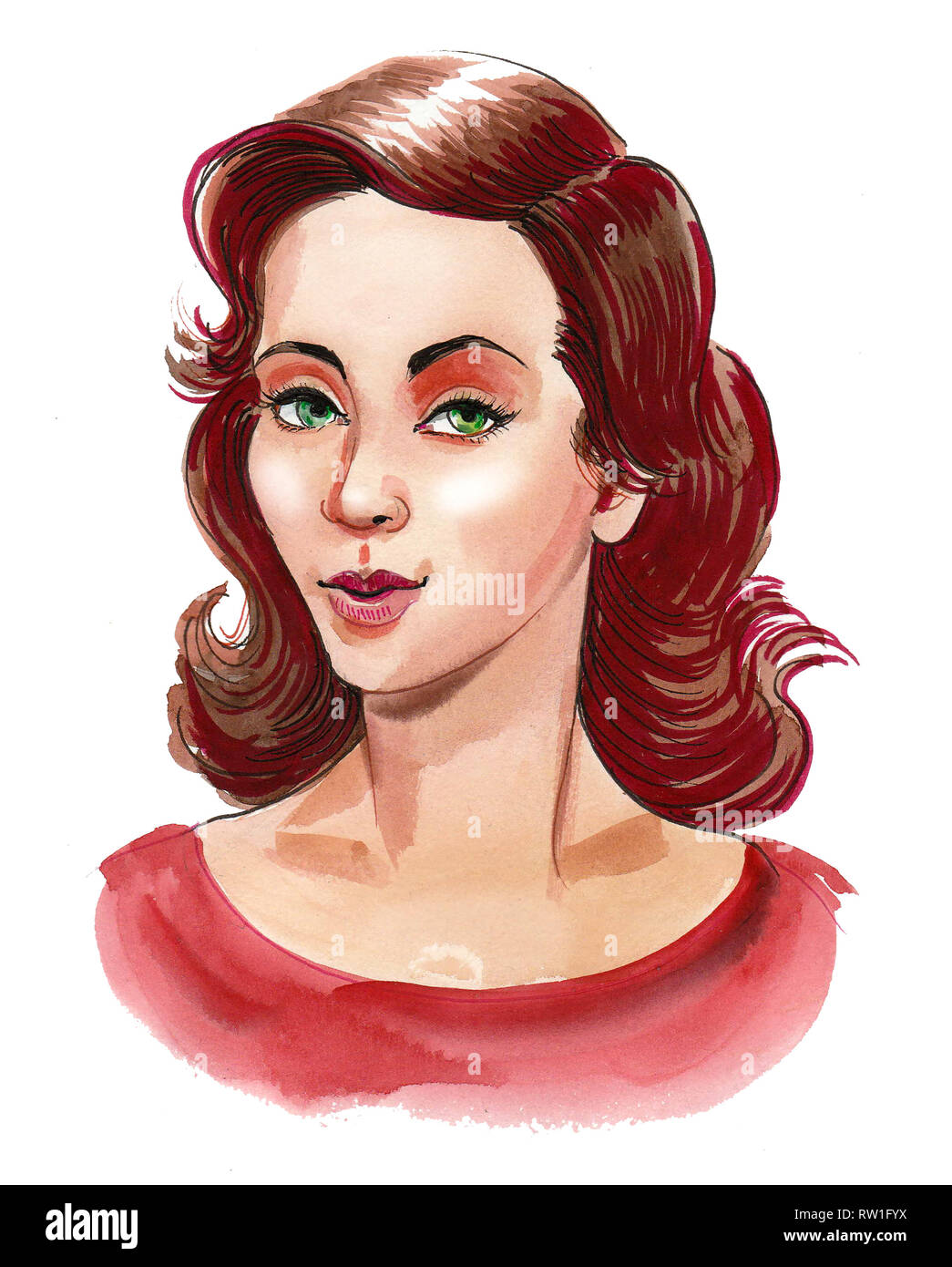 Pretty woman with brown hair. Ink and watercolor illustration Stock ...