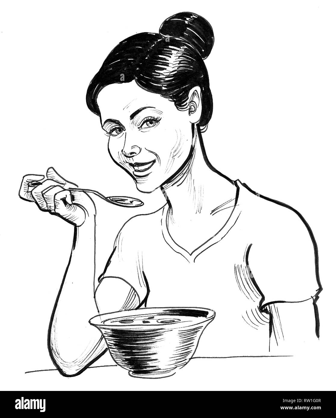 Pretty woman eating a bowl of cereal. Ink black and white drawing Stock ...