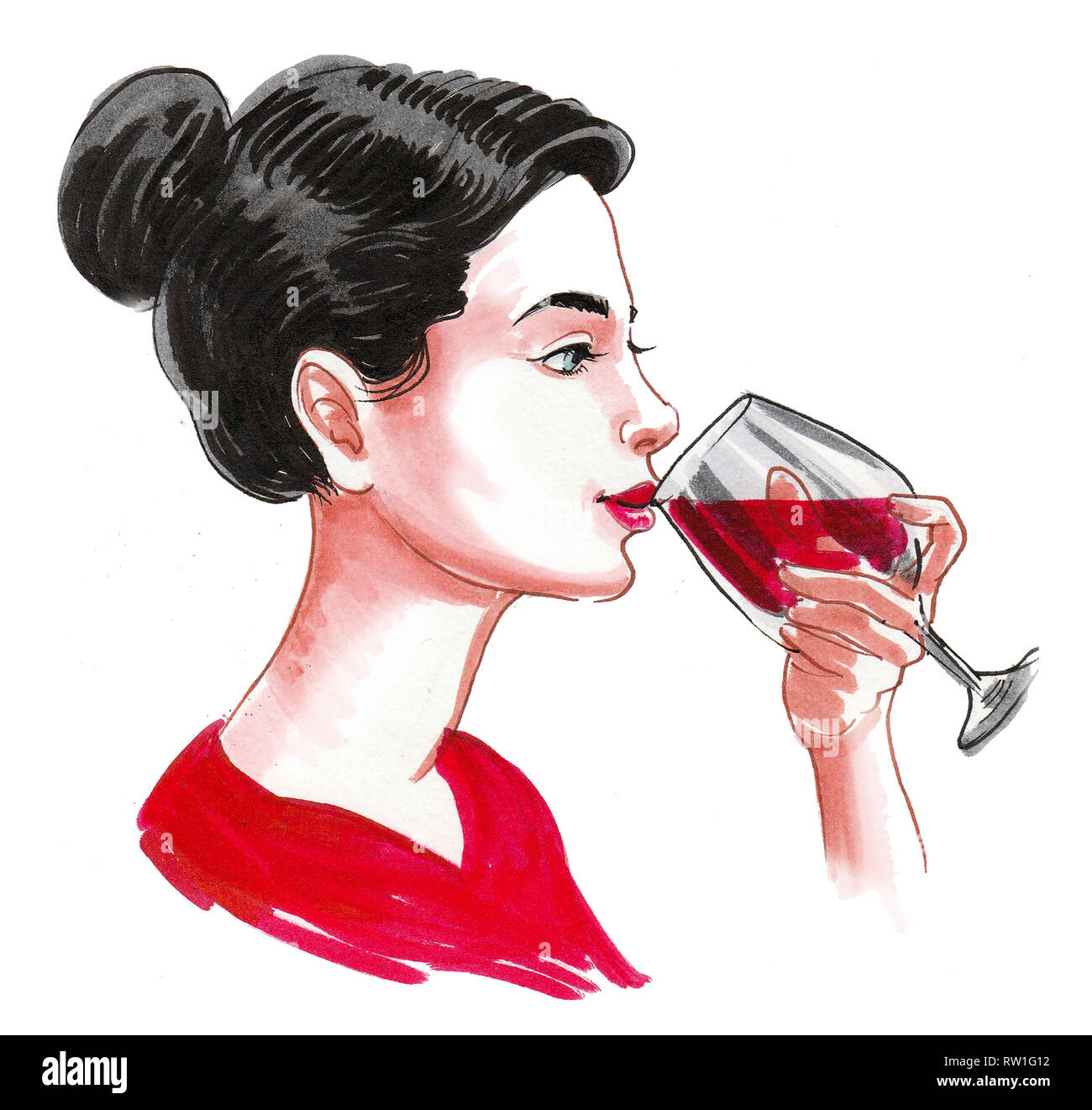 Pretty brunette woman drinking a glass of red wine. Ink and watercolor ...