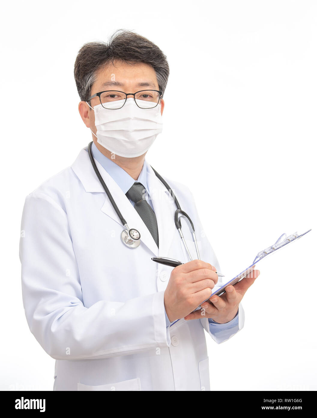 an Asian doctor wearing a mask. isolated on white background Stock ...