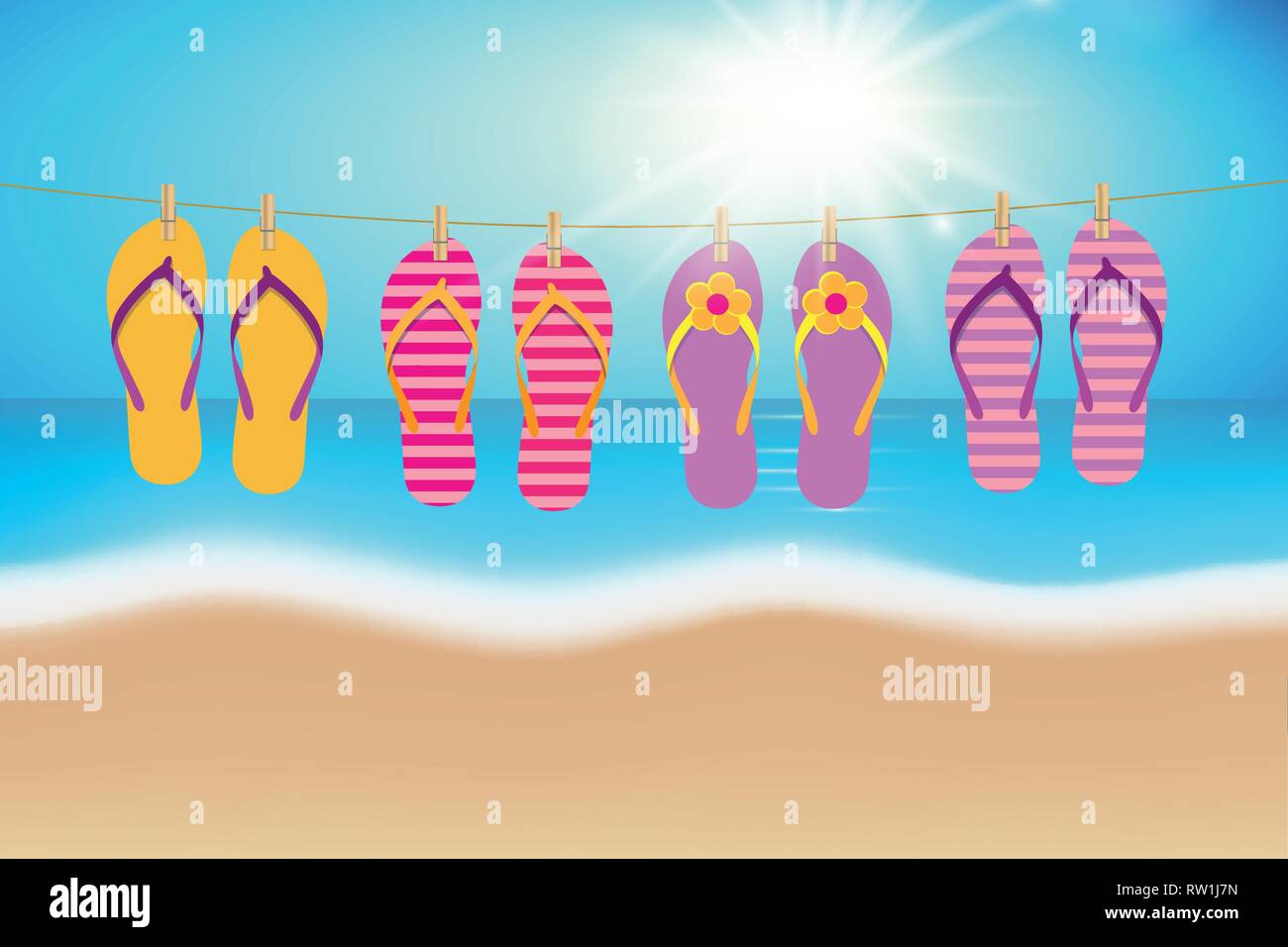 colorful flip flops hang on a rope on the beach summer vacation vector ...