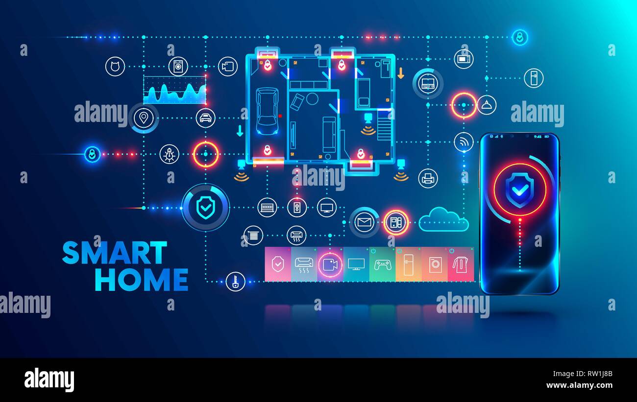 Smart home system concept. Phone controls house appliances and security ...