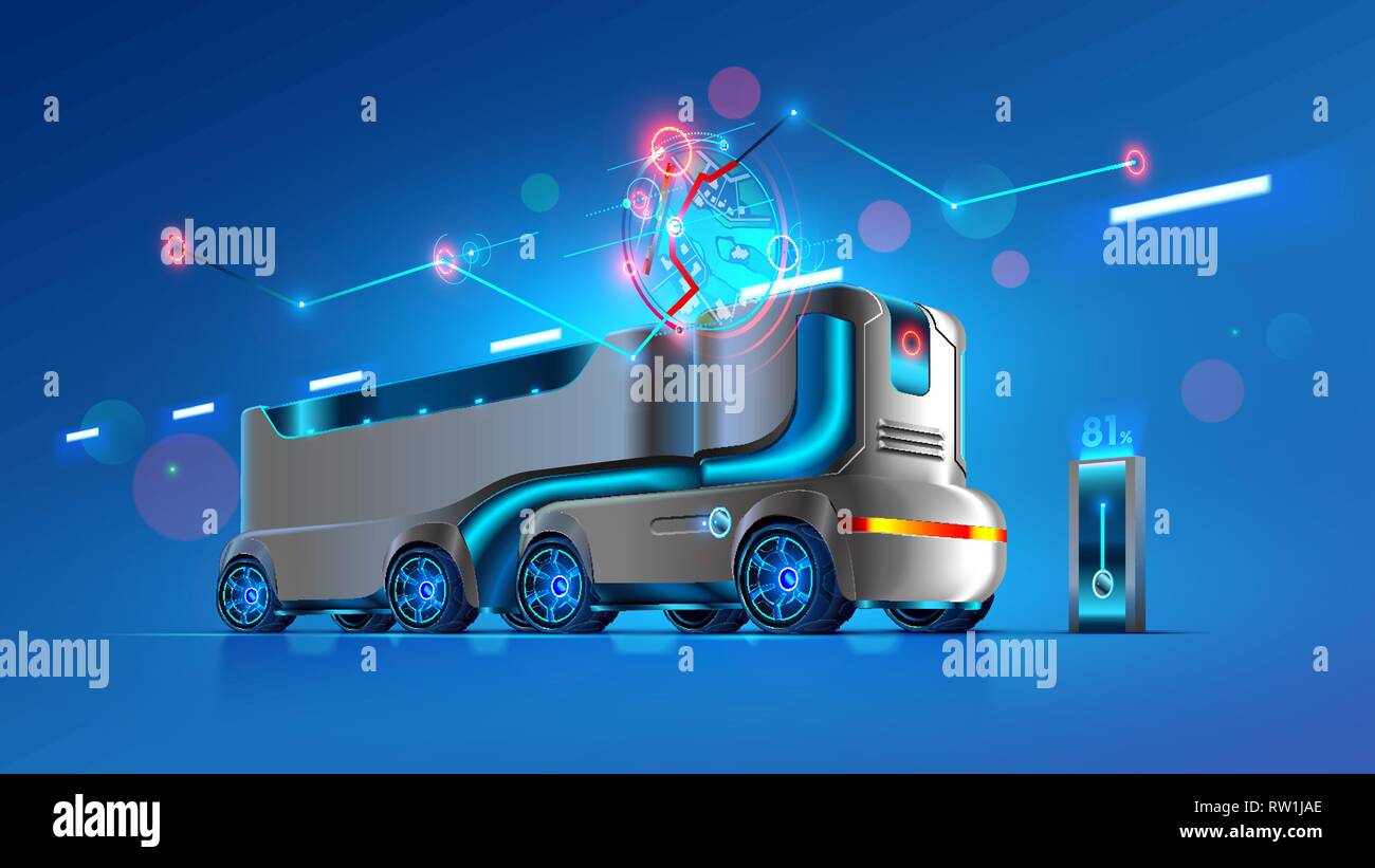 Autonomous driverless truck follows the specified route on the map ...