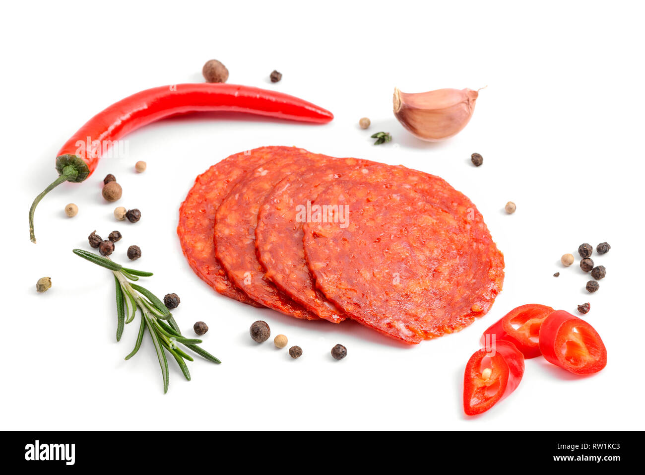 Pepperoni slices, red chili pepper Stock Photo - Alamy