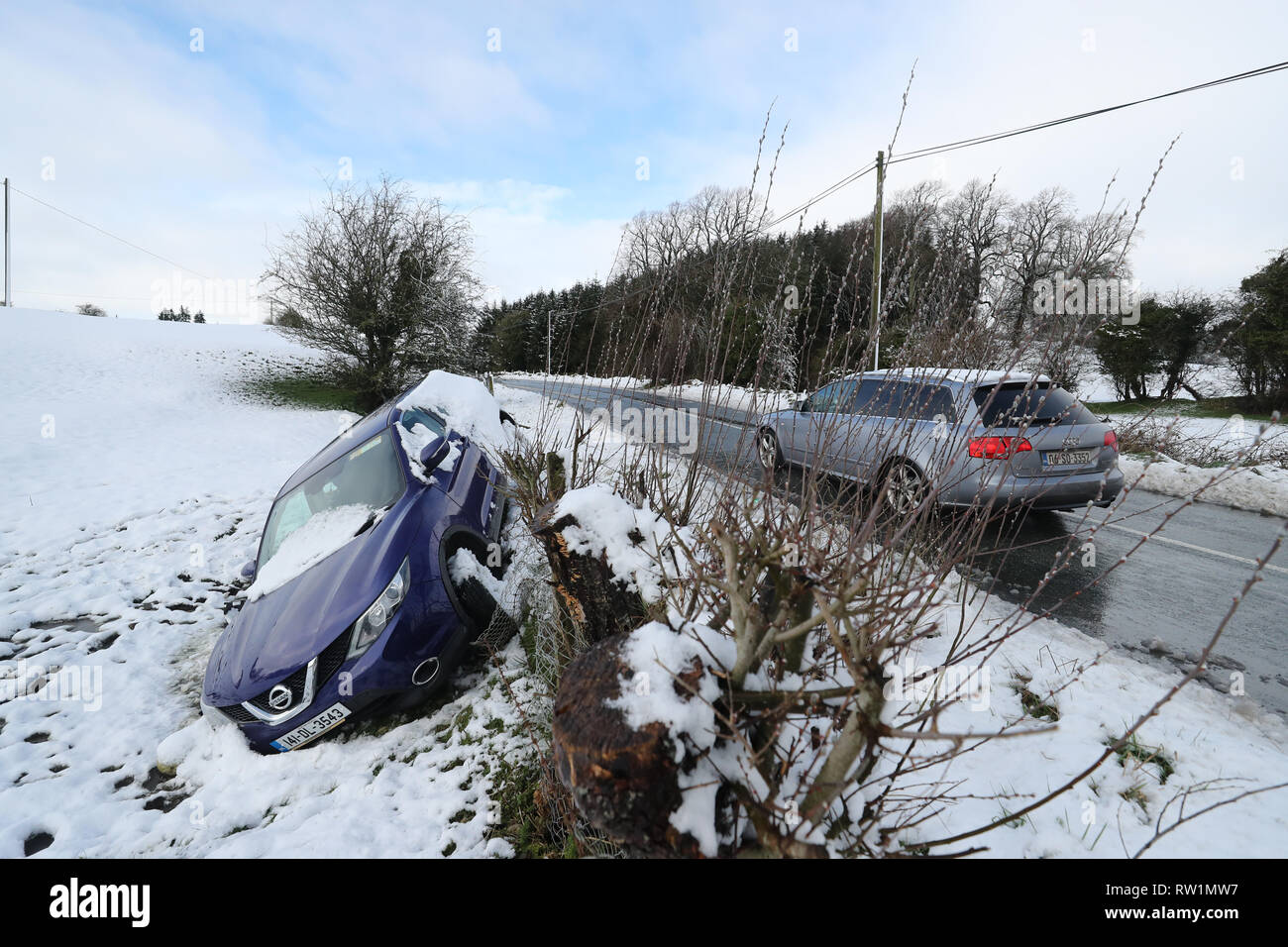 A car which has gone off the road during Storm Freya in Dunlavin, Co ...