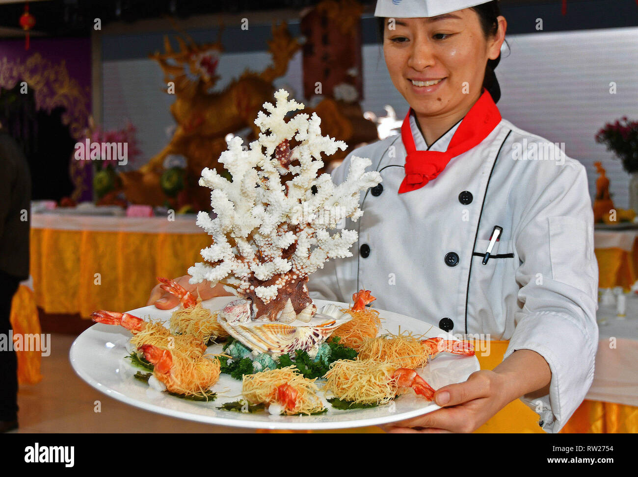 Yantai, China. 4th Mar, 2019. Various food can be seen at the Shandong ...