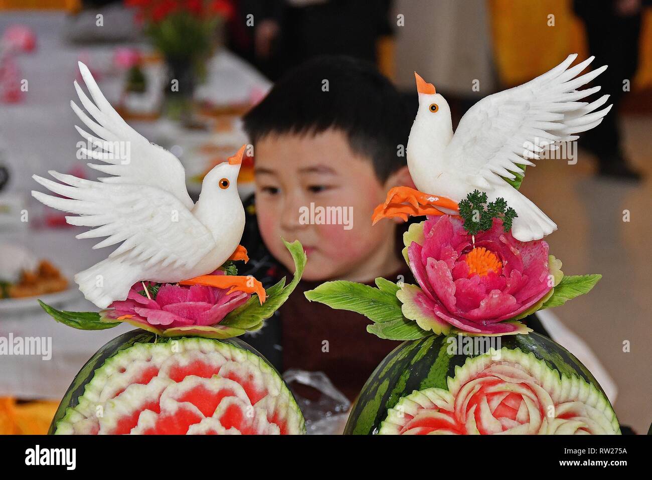 Yantai, China. 4th Mar, 2019. Various food can be seen at the Shandong ...