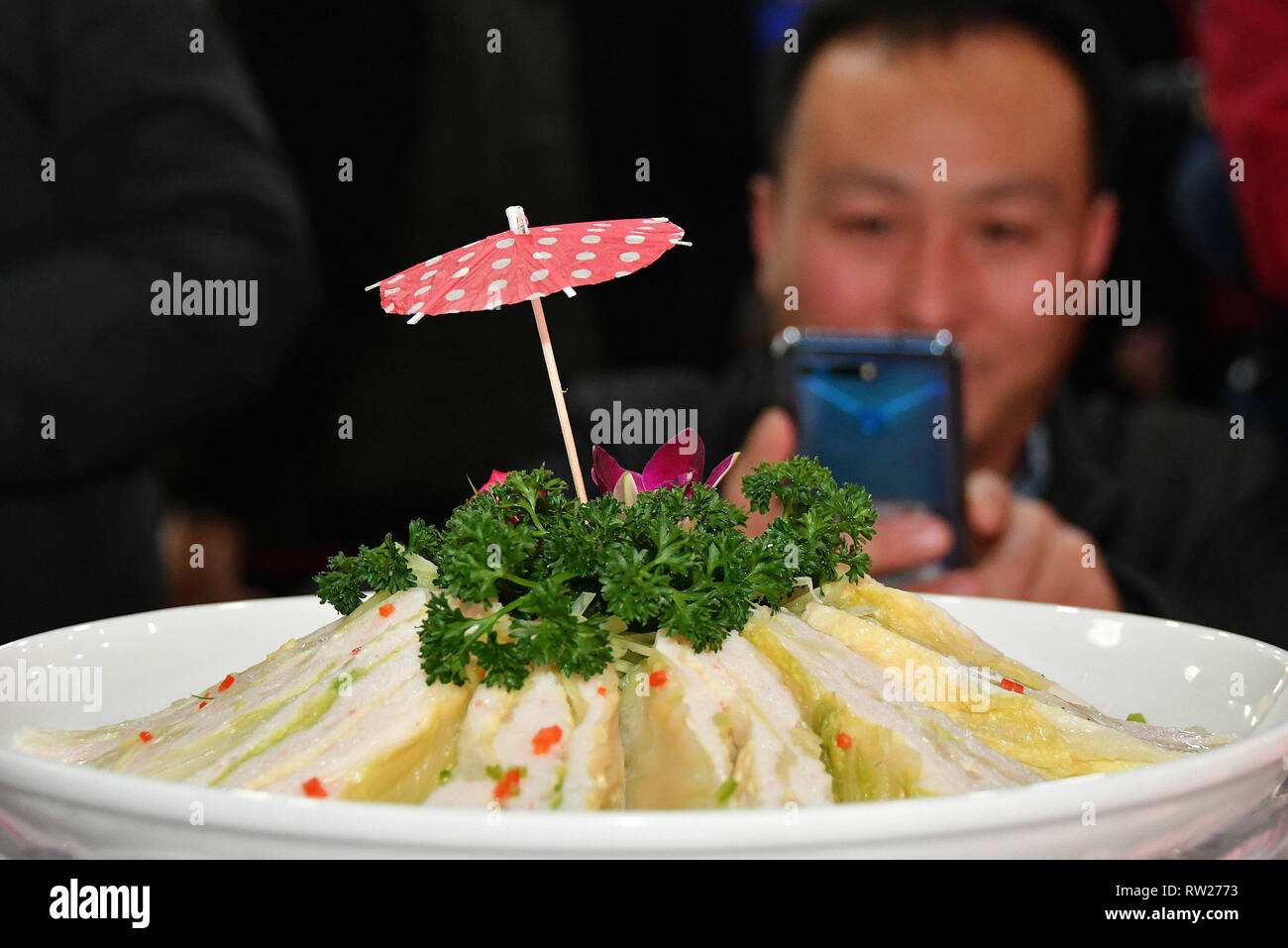 Yantai, China. 4th Mar, 2019. Various food can be seen at the Shandong ...