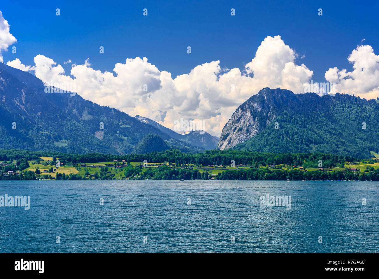 Clear transparent azure Lake Thun, Thunersee, Bern Switzerland Stock ...