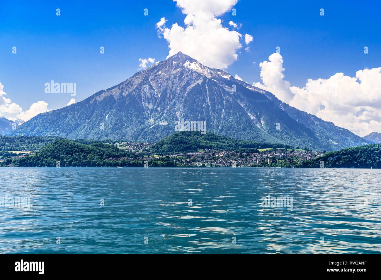 Clear transparent azure Lake Thun, Thunersee, Bern Switzerland Stock ...