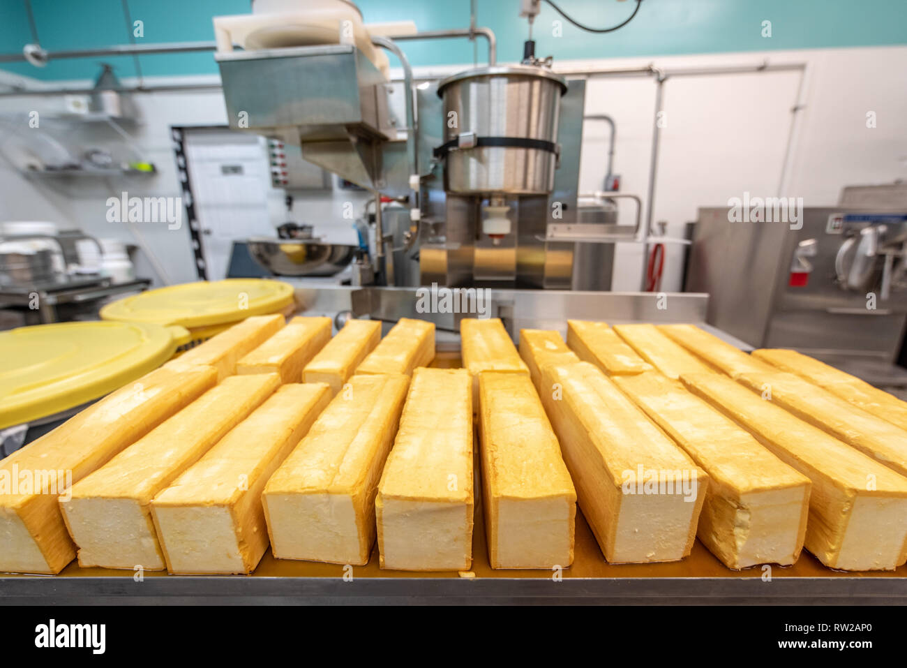 Blocks of freshly made cheese with machinery behind it at dairy ...