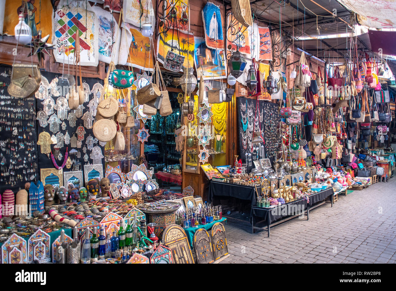 Front of market-stalls along street in medina quarter of Marrekech with ...