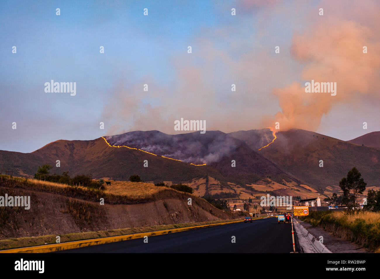 Forest fire on a mountain in the Ecuadorian Andes, next to a road Stock ...