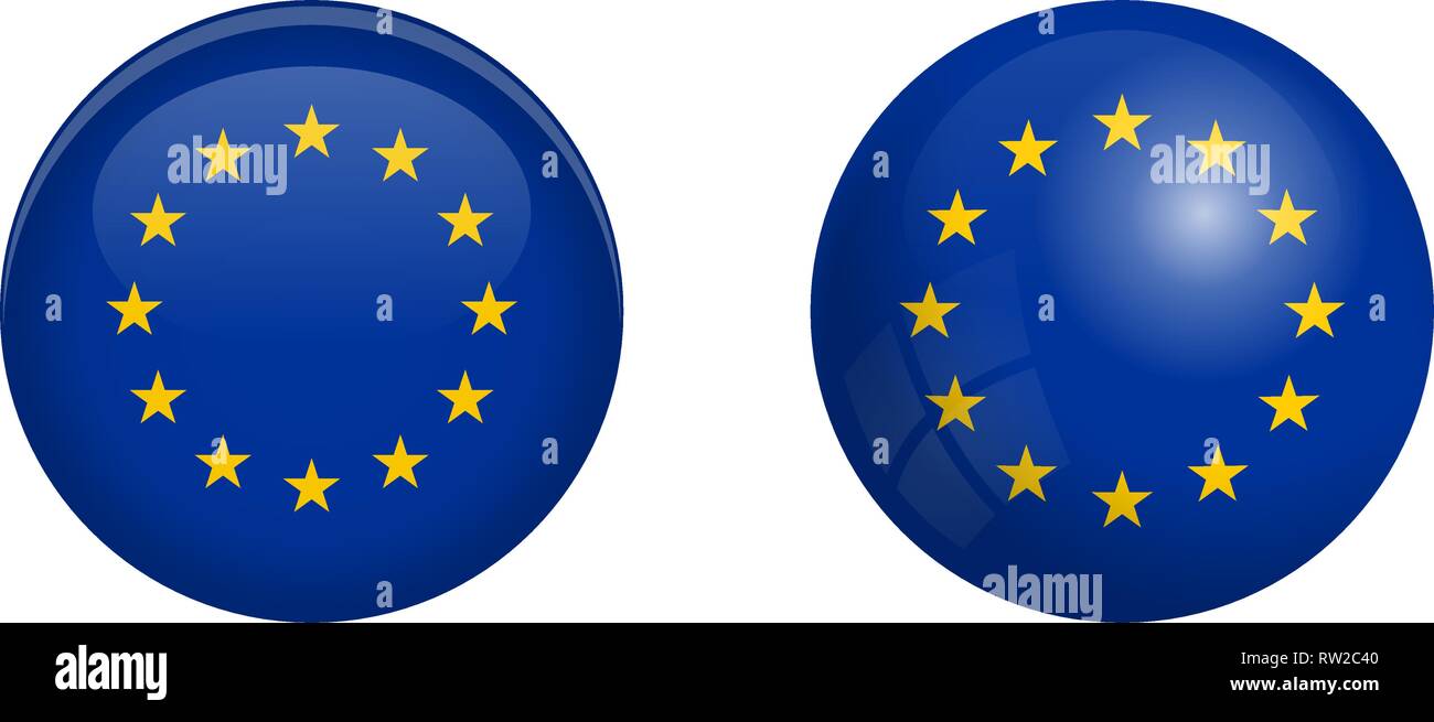European Union flag under 3d dome button and on glossy sphere / ball ...