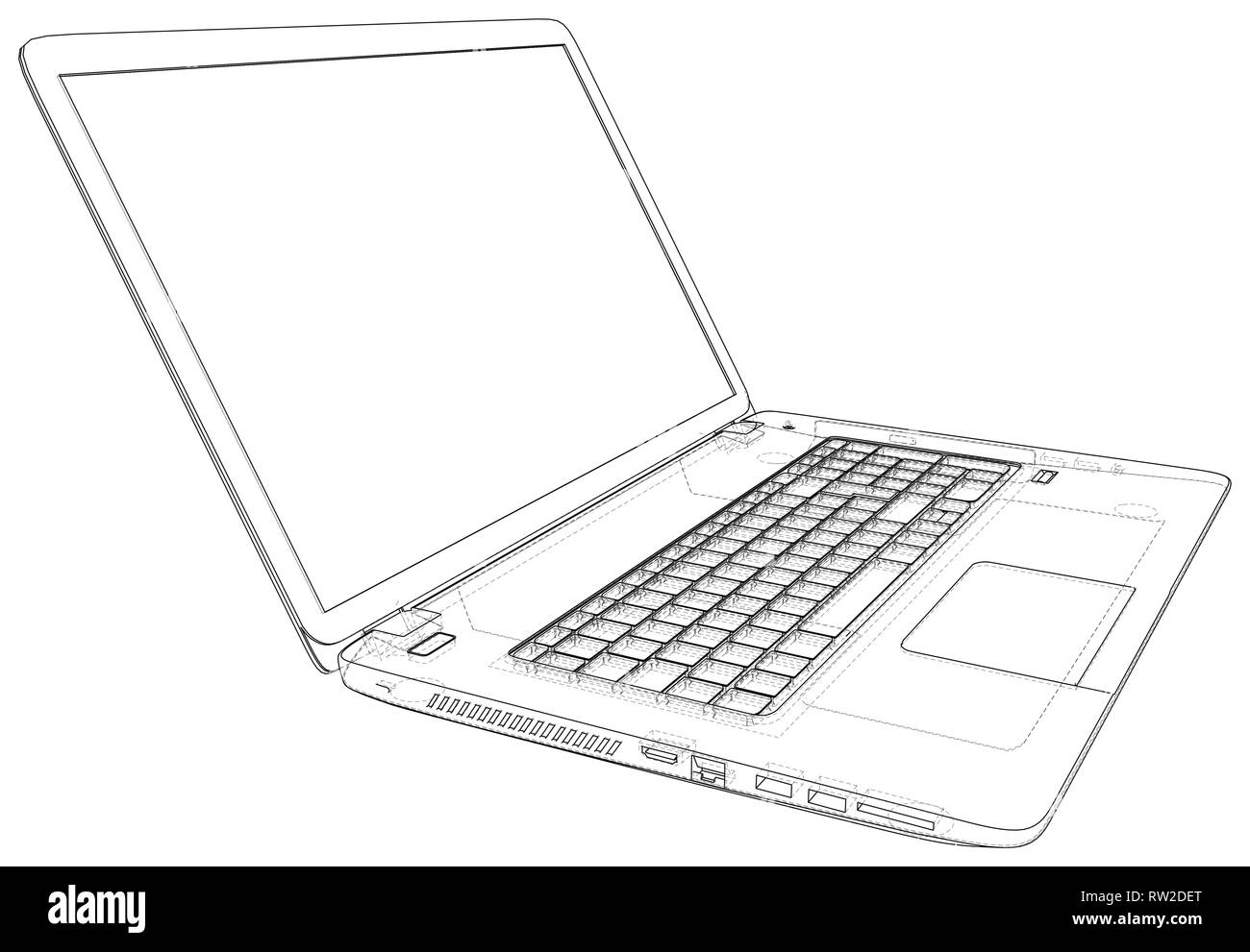 Laptop outline isolated on white background. Created illustration of 3d ...