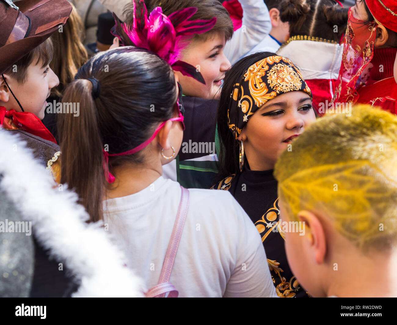 Naples, Italy - March 1, 2019. Carnival parade with dressed up children ...