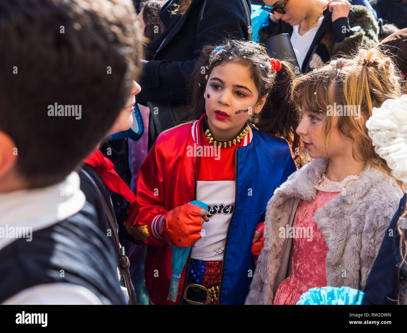 Naples, Italy - March 1, 2019. Carnival parade with dressed up children ...