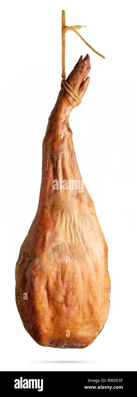 Whole leg of Spanish Iberian serrano ham hanging on a rope. Isolated on ...