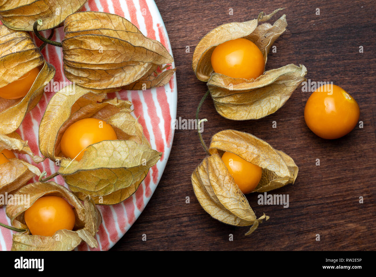 Plate with flowers and fruits of Fisalis (Physalis peruviana). Viewed ...