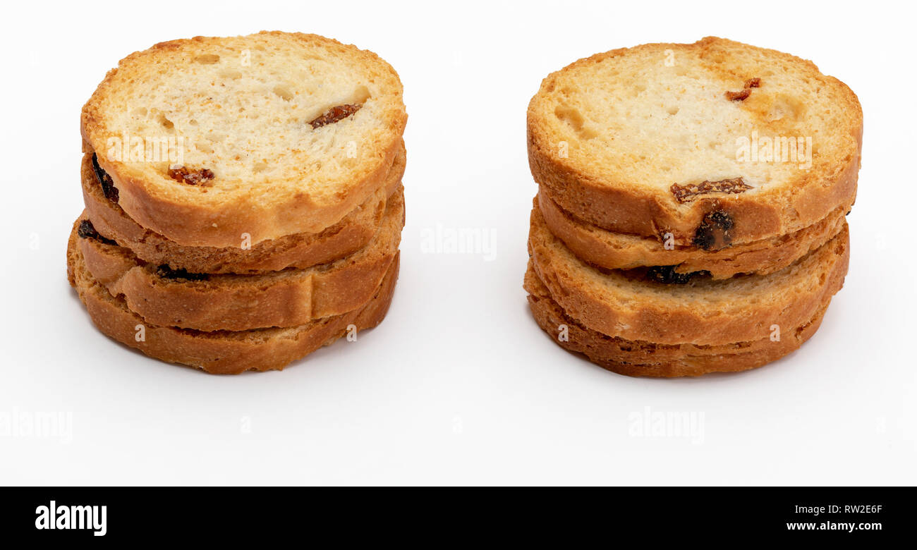 Mini round toasts of bread with raisins. Several units. Isolated on ...