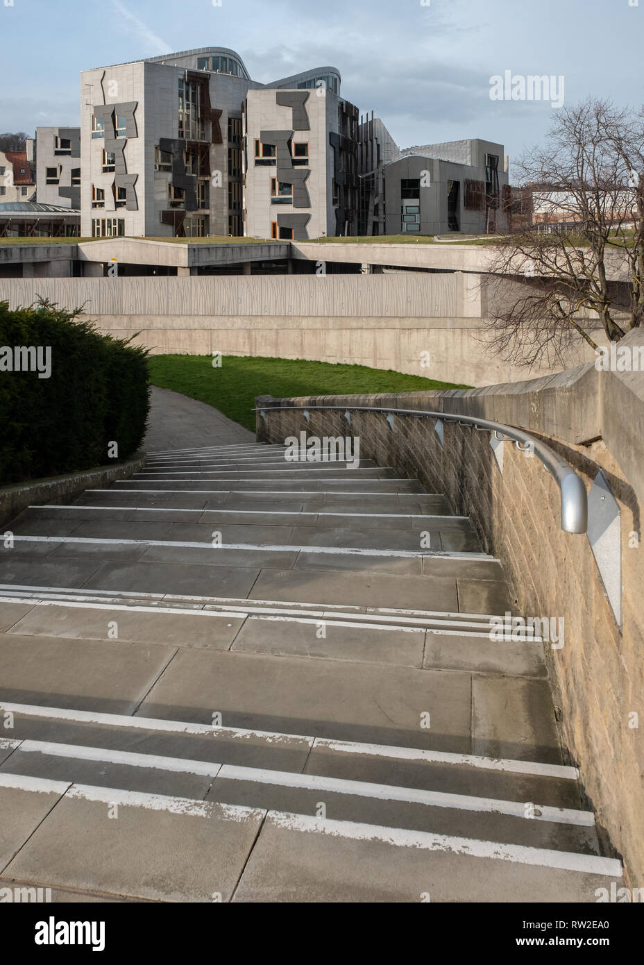 Stone steps leading to the Scottish Parliament building at Holyrood ...