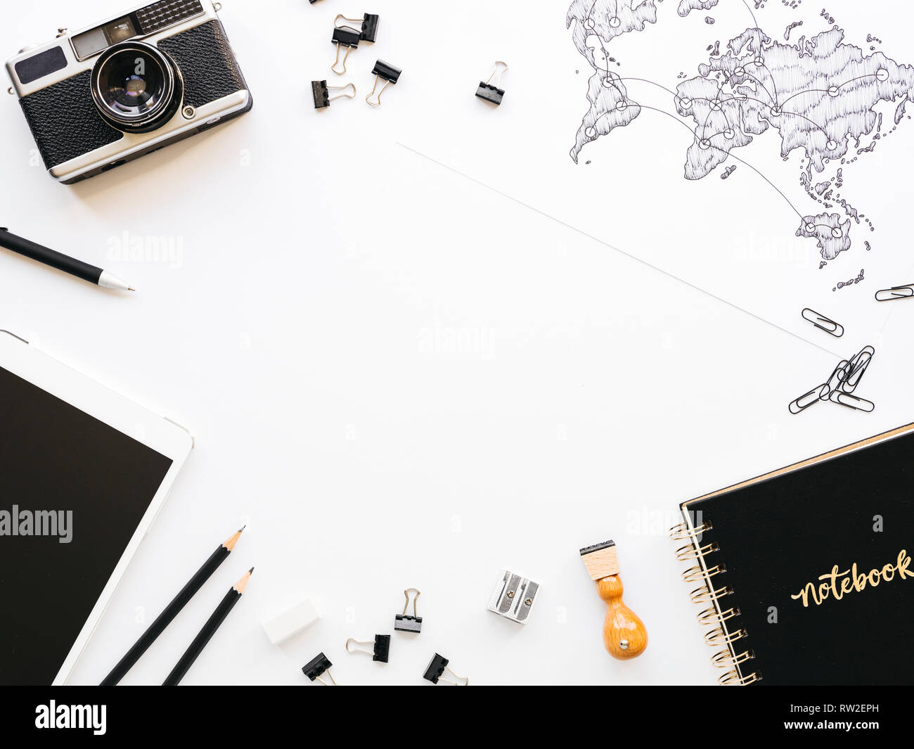 Business background with different office supplies and sketches and ...