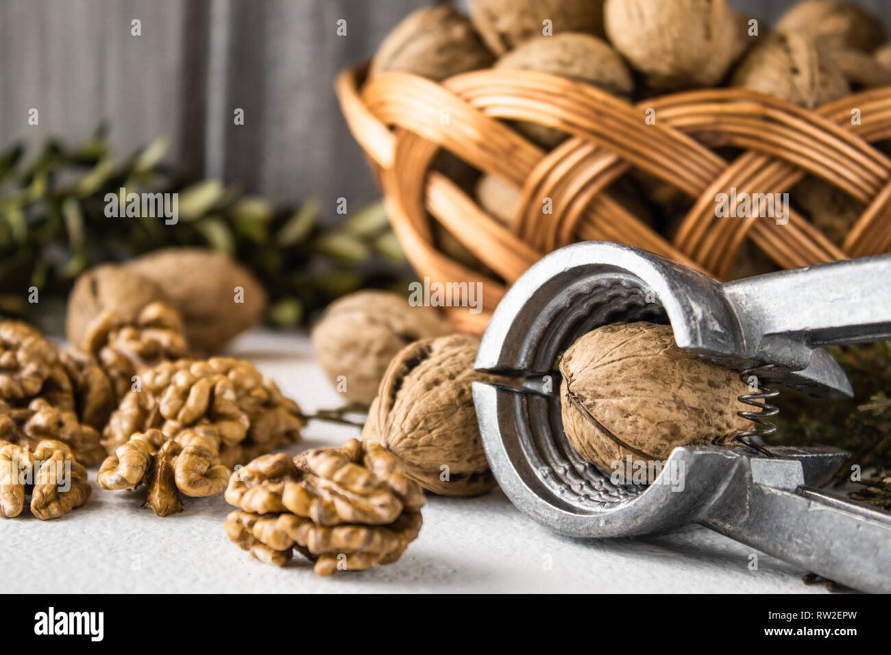 Walnuts on a white table, walnut kernels. Healthy food from walnut ...