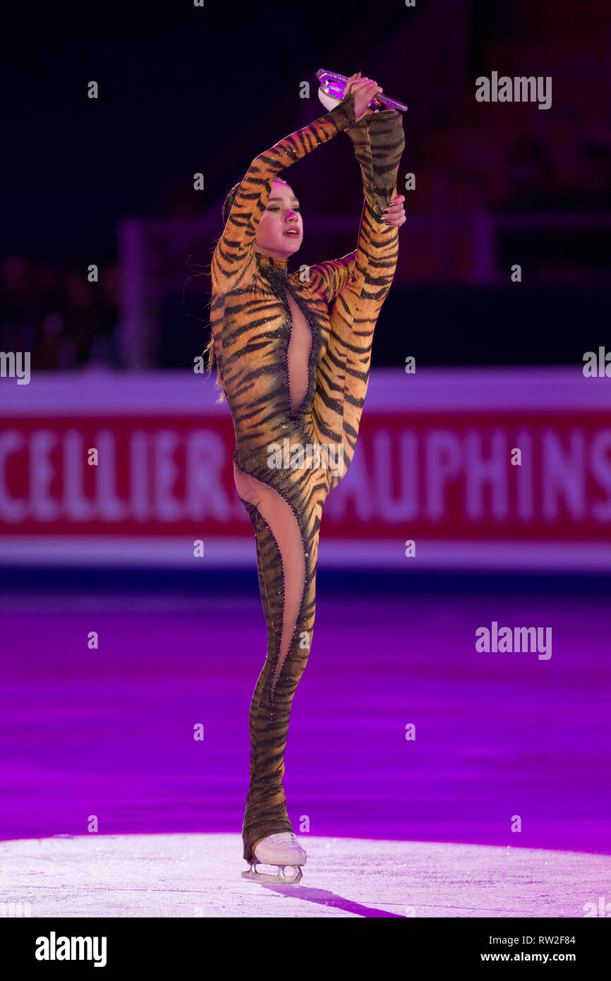 Alina Zagitova from Russia performing her exhibition program during ...
