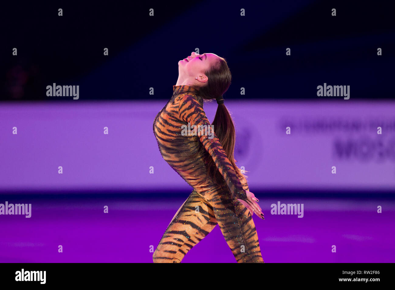 Alina Zagitova from Russia performing her exhibition program during ...