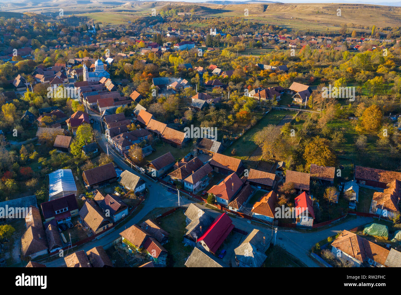 Aerial top drone view of countryside village in Transylvania, Romania ...