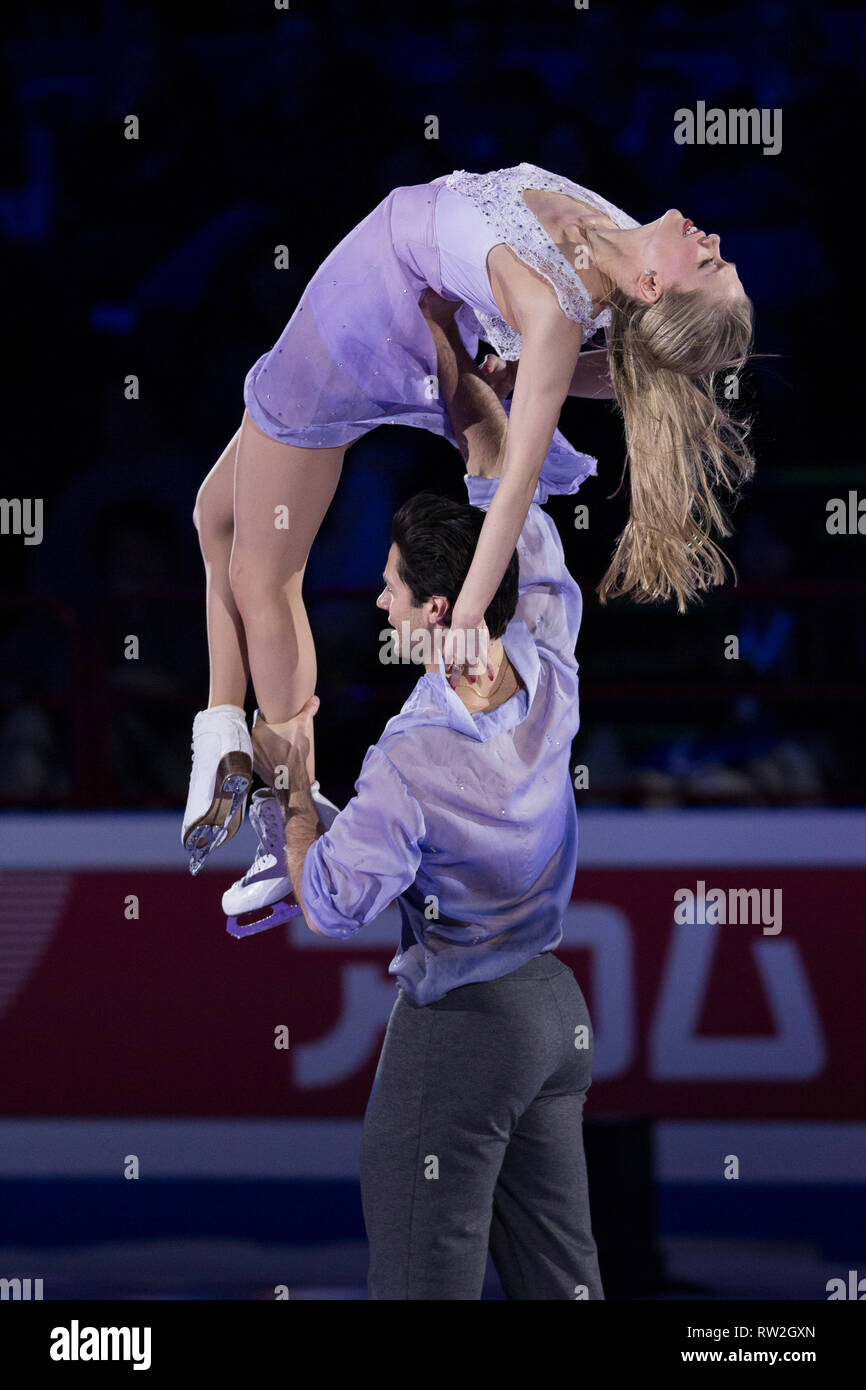 Kaitlyn Weaver and Andrew Poje from Canada perform their exhibition program during 2018 world ...
