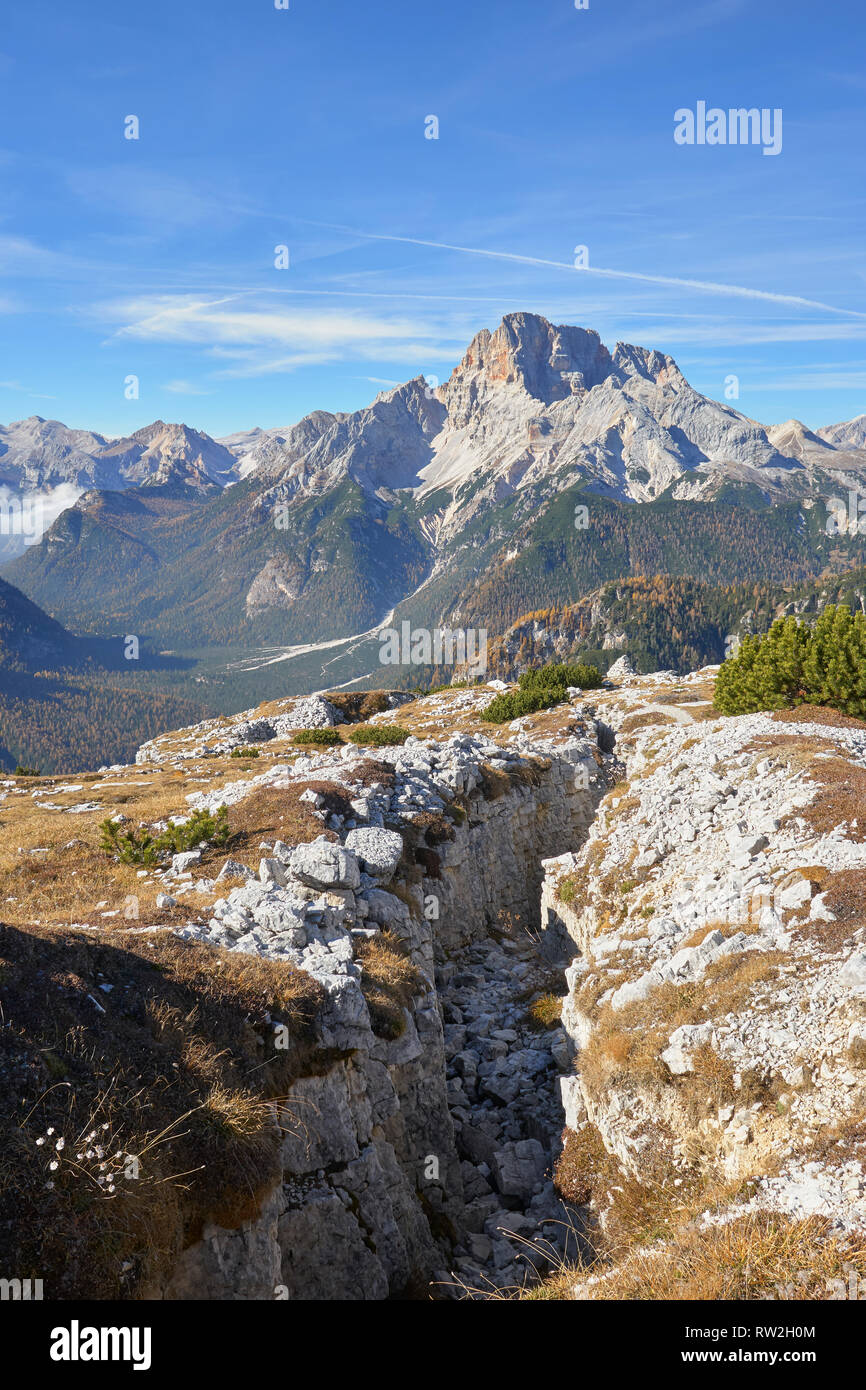 WW1 trench on Monte Piana, Dolomites, Misurina, Veneto, Italy. With ...
