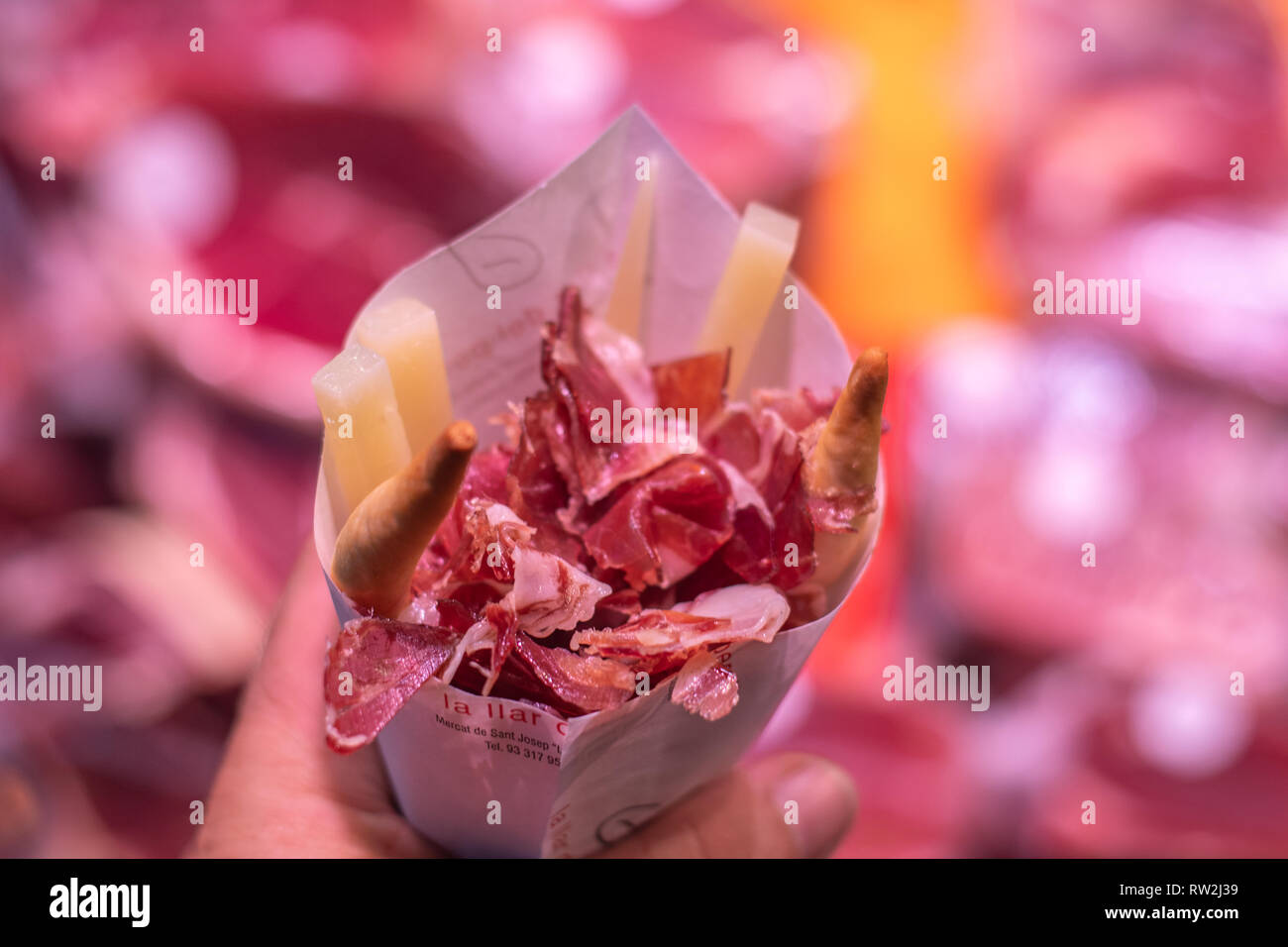 Ham and cheese street food in La Boqueria Food Market in Barcelona ...