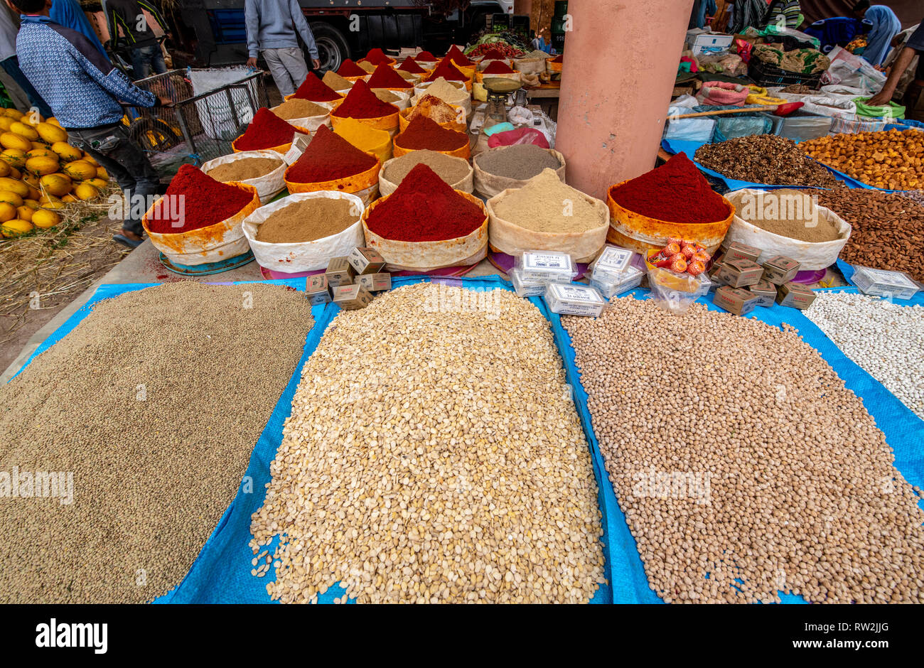 Beans,grains,and spices cover the tables in Guelmim province, Morocco ...