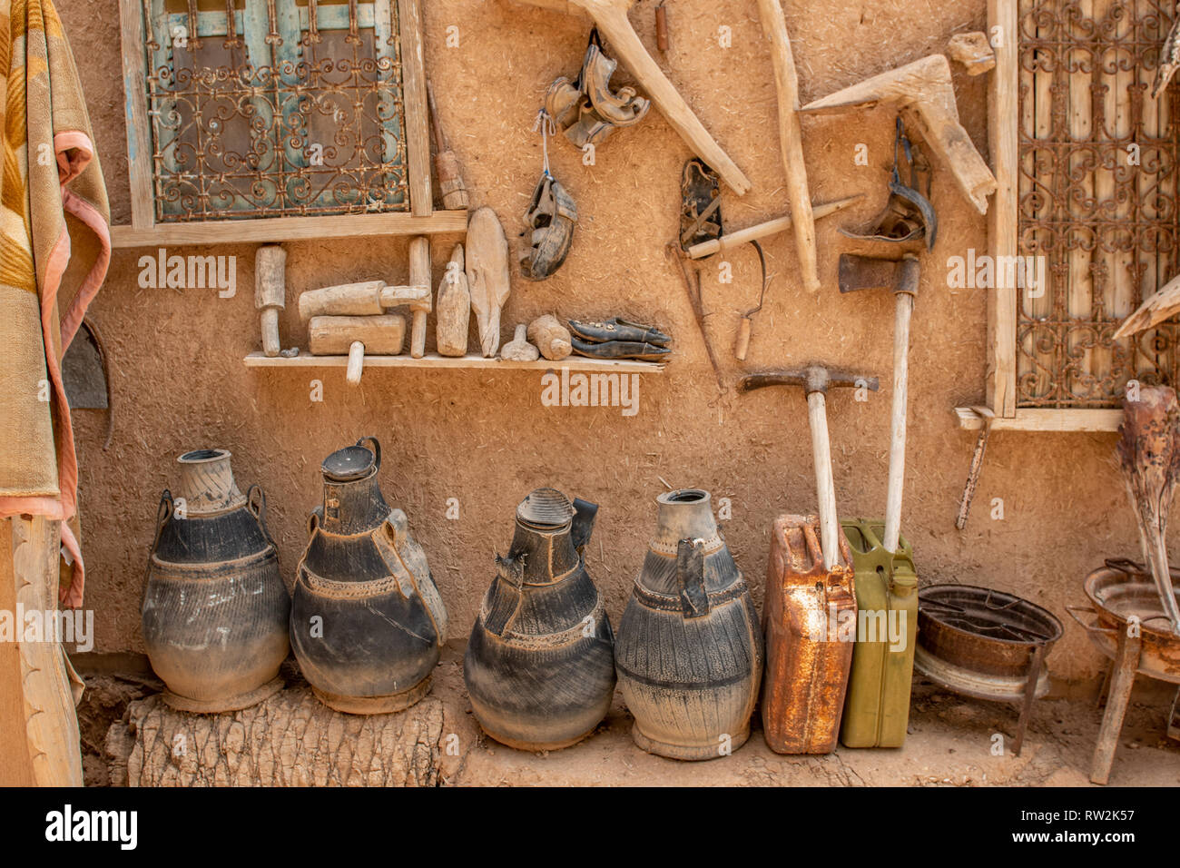 Collection of various pottery and crude tools used by Berber nomads ...