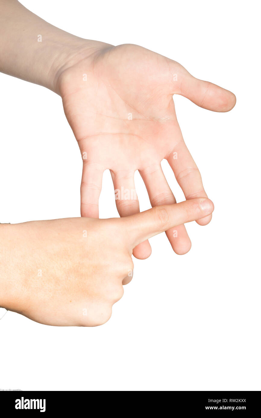 Caucasian hand doing British Sign Language showing the symbol for E ...